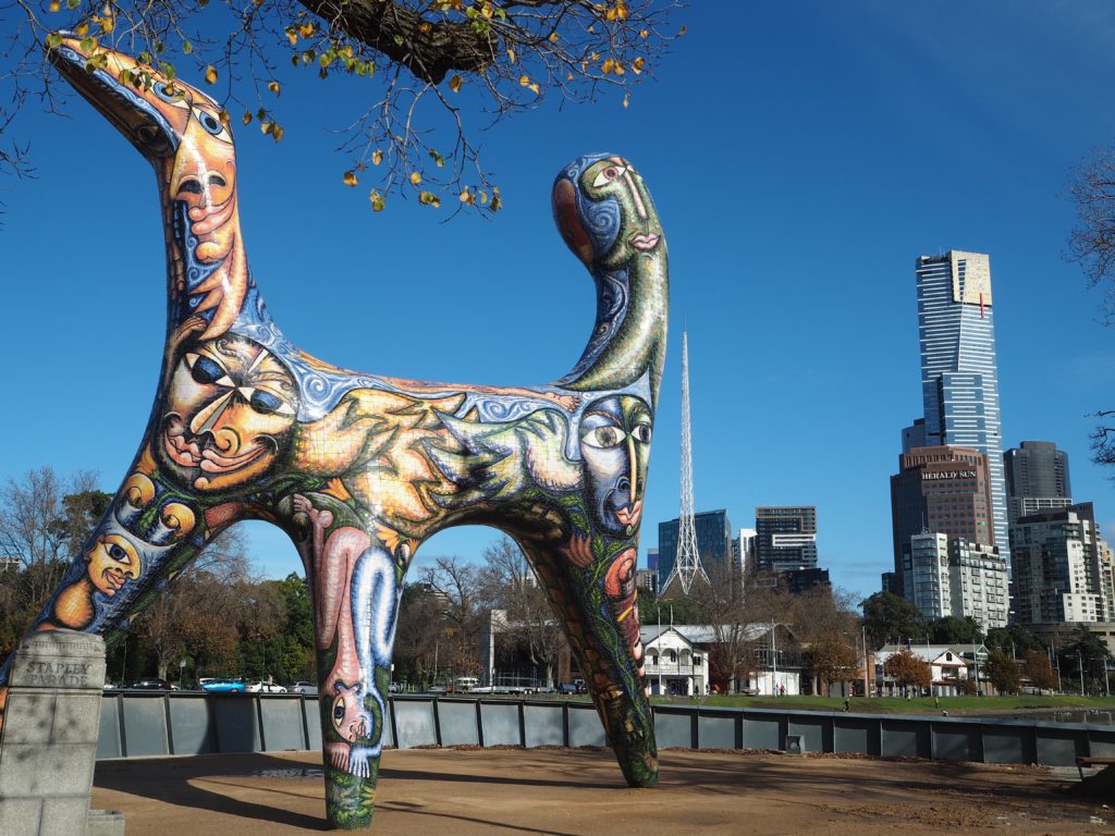 A funky art sculpture on the riverside. - Free Two Roam